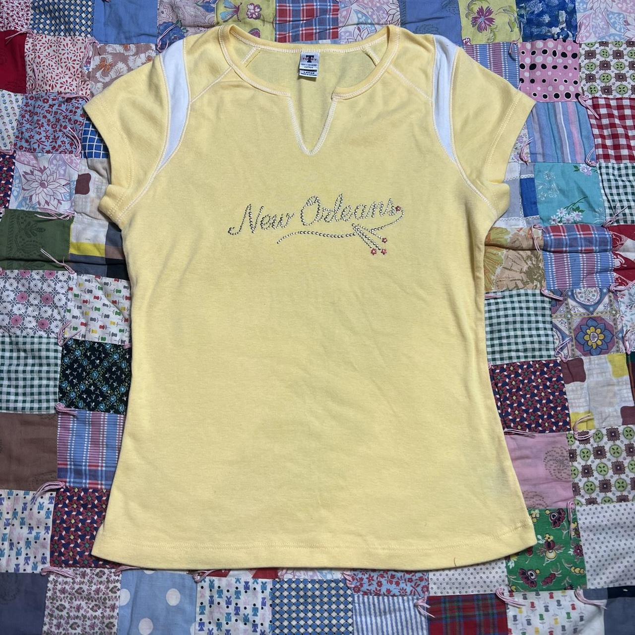 pale yellow rhinestoned tee super cute baseball... - Depop