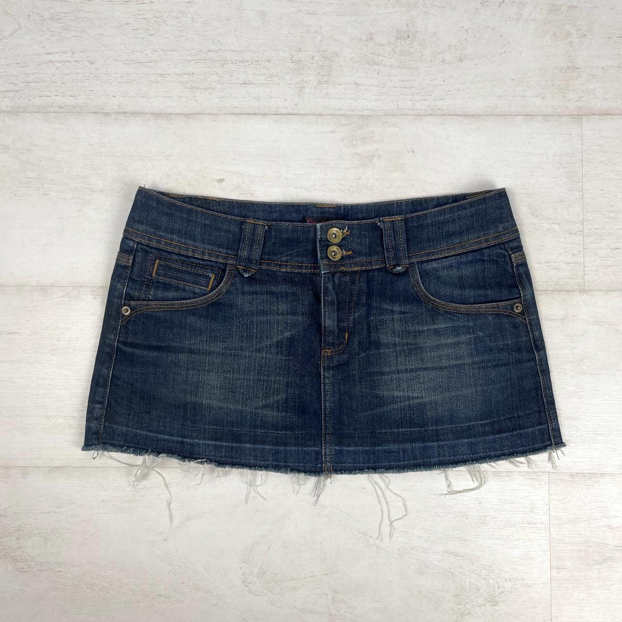 Vintage 00s Dark Denim Mini Skirt Low Rise With Raw Depop