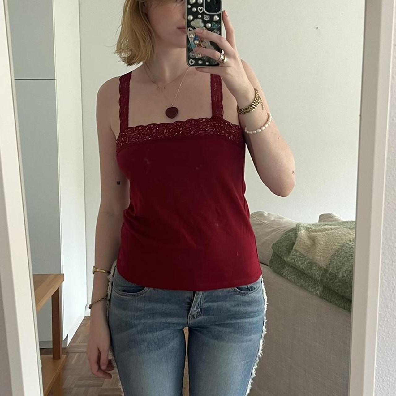 Cute red top with lace straps and beaded neckline... | Depop