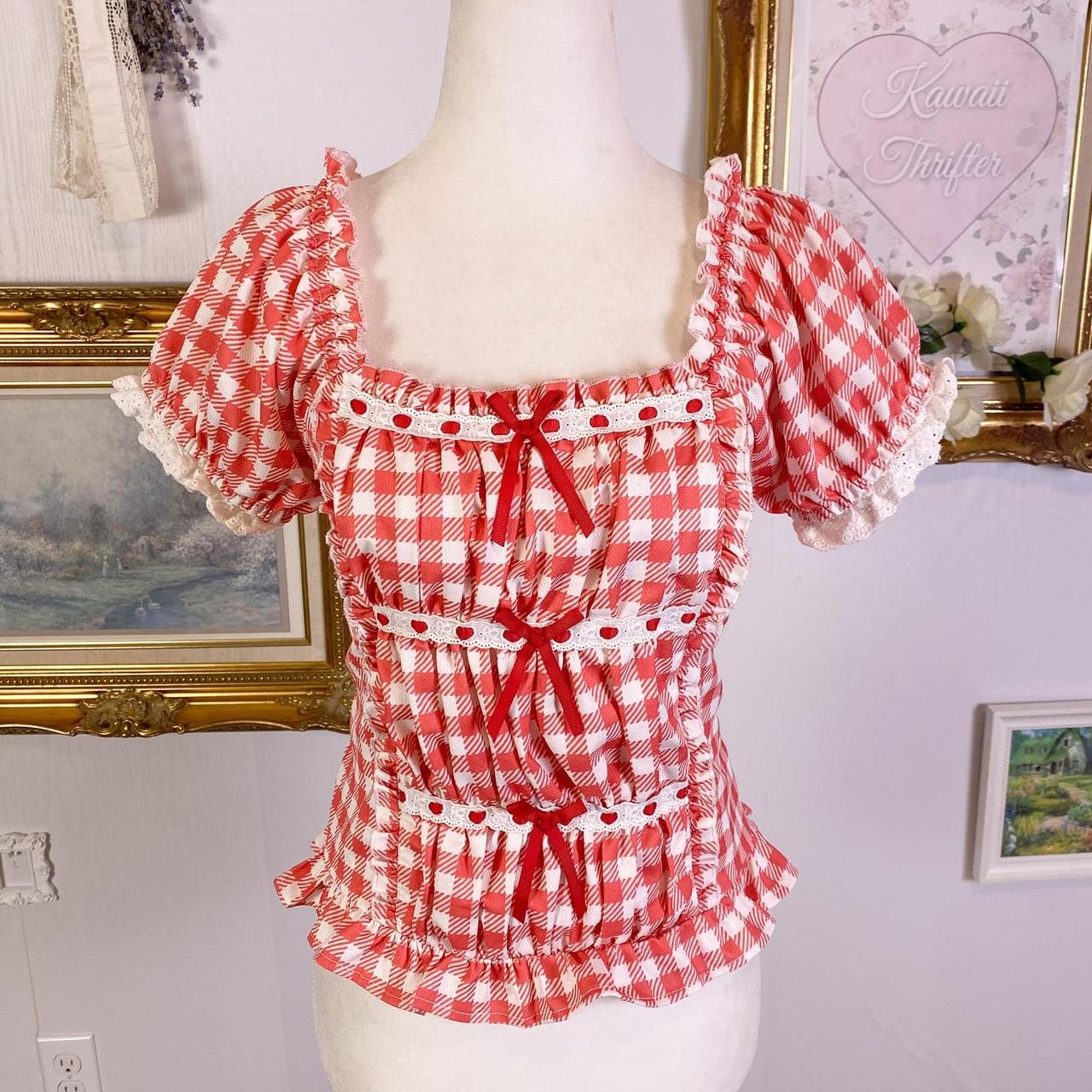 liz lisa dupe plaid gingham shirred strawberry... - Depop