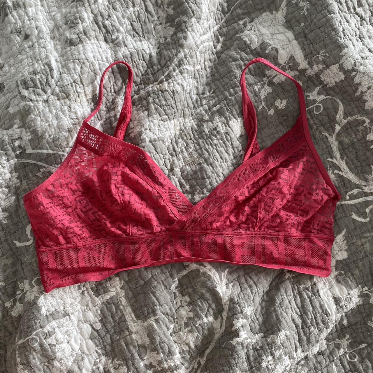 Calvin Klein hot pink bralet, lace / mesh with logo... - Depop