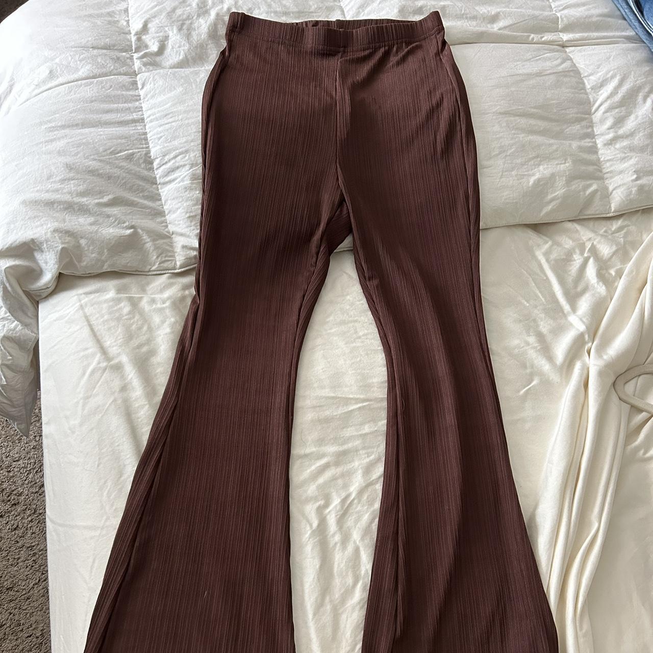 shein brown flare pants somewhat see through in... - Depop
