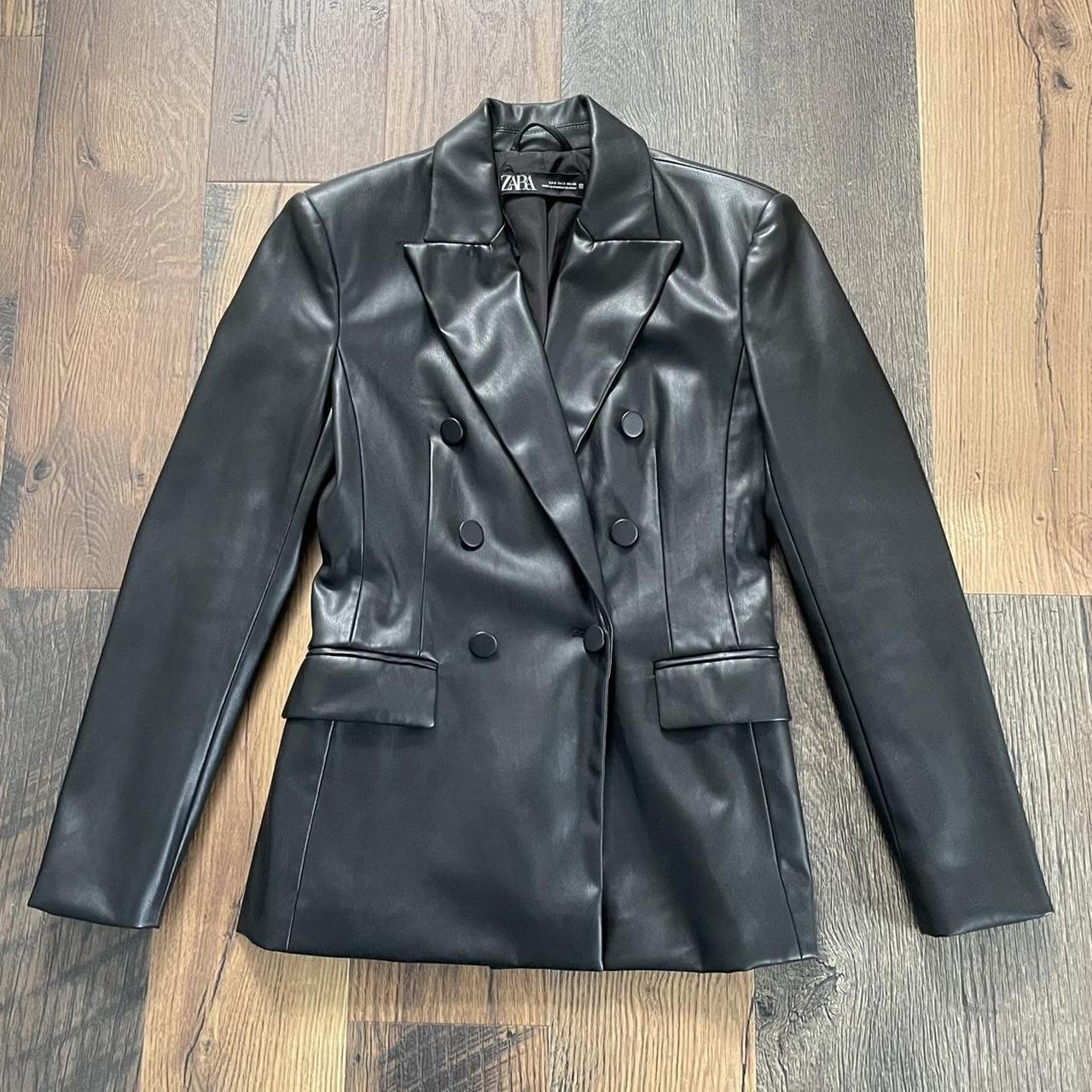 faux leather blazer structured jacket with... - Depop