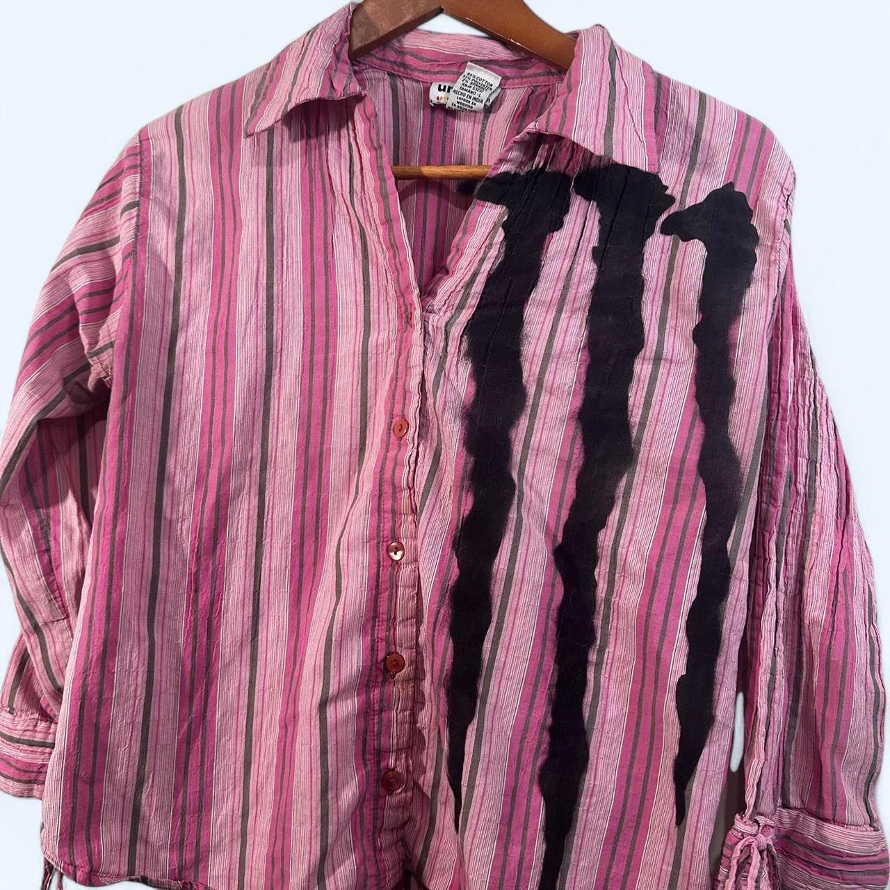 Vintage Reworked Pink Monster Striped Button Down... | Depop