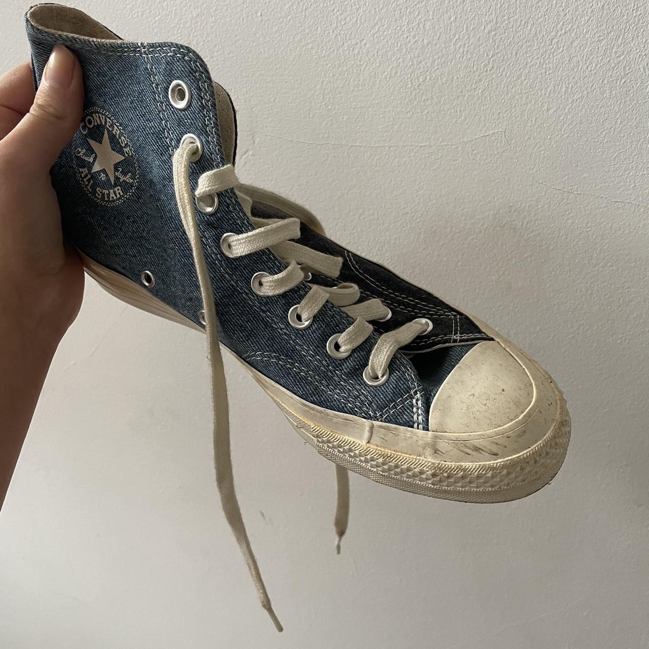 Two tone denim converse. Worn with visible scuff... - Depop