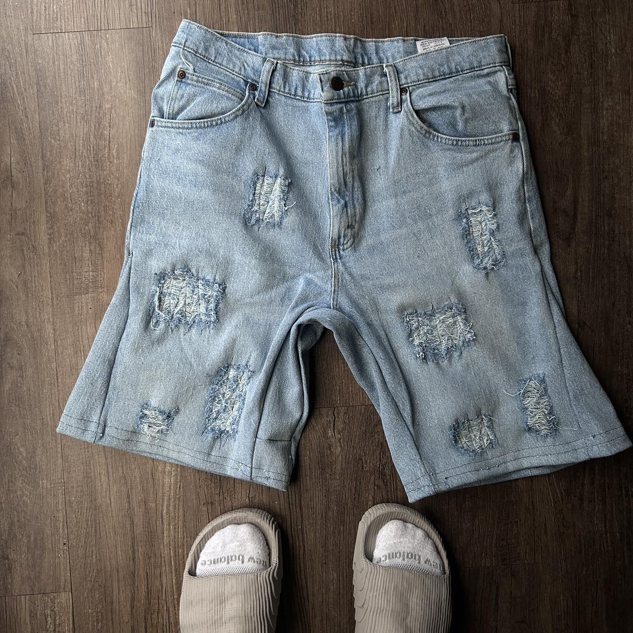 Cut and sewn denim flared jorts Can do custom dye... - Depop