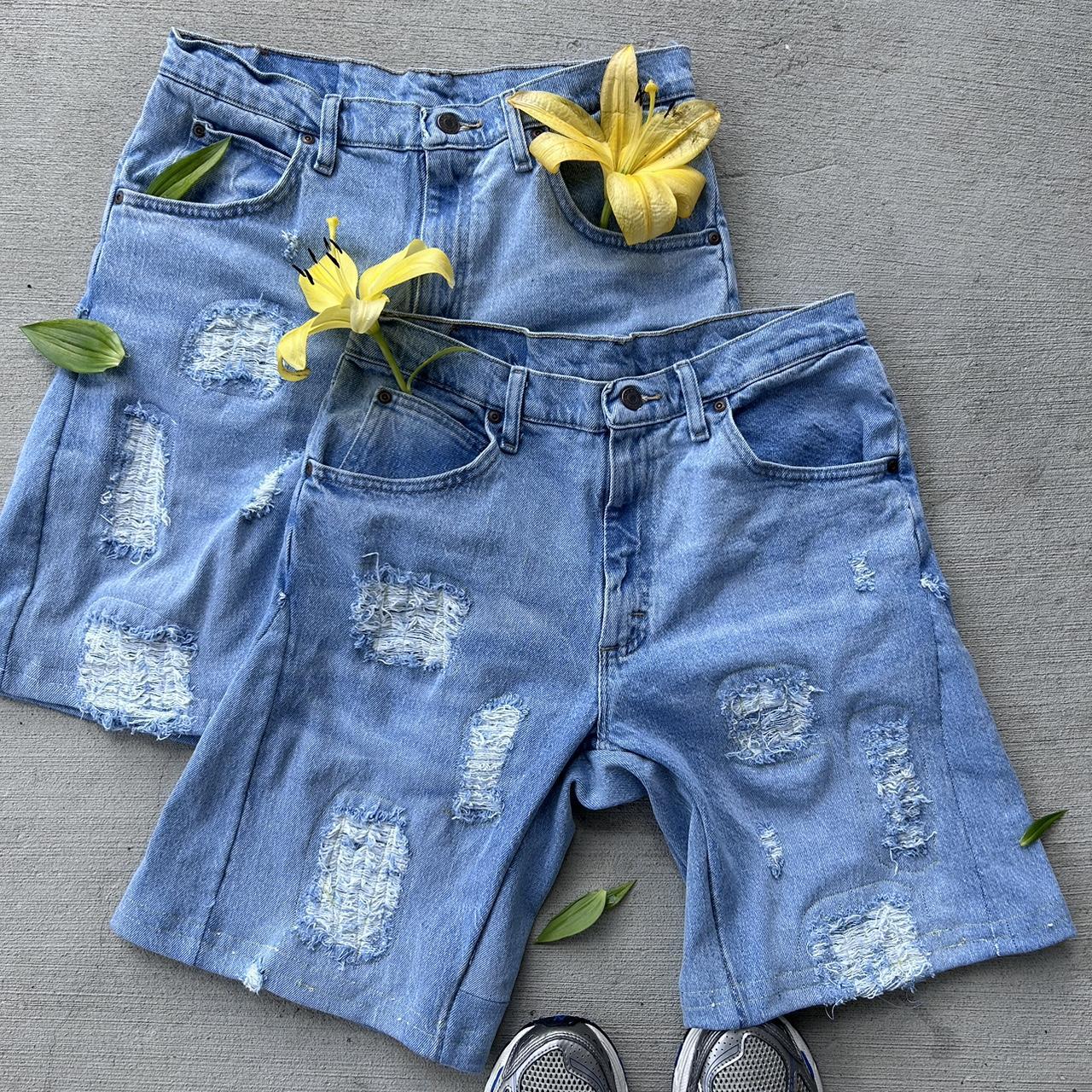 Cut and sewn denim flared jorts Can do custom dye... - Depop