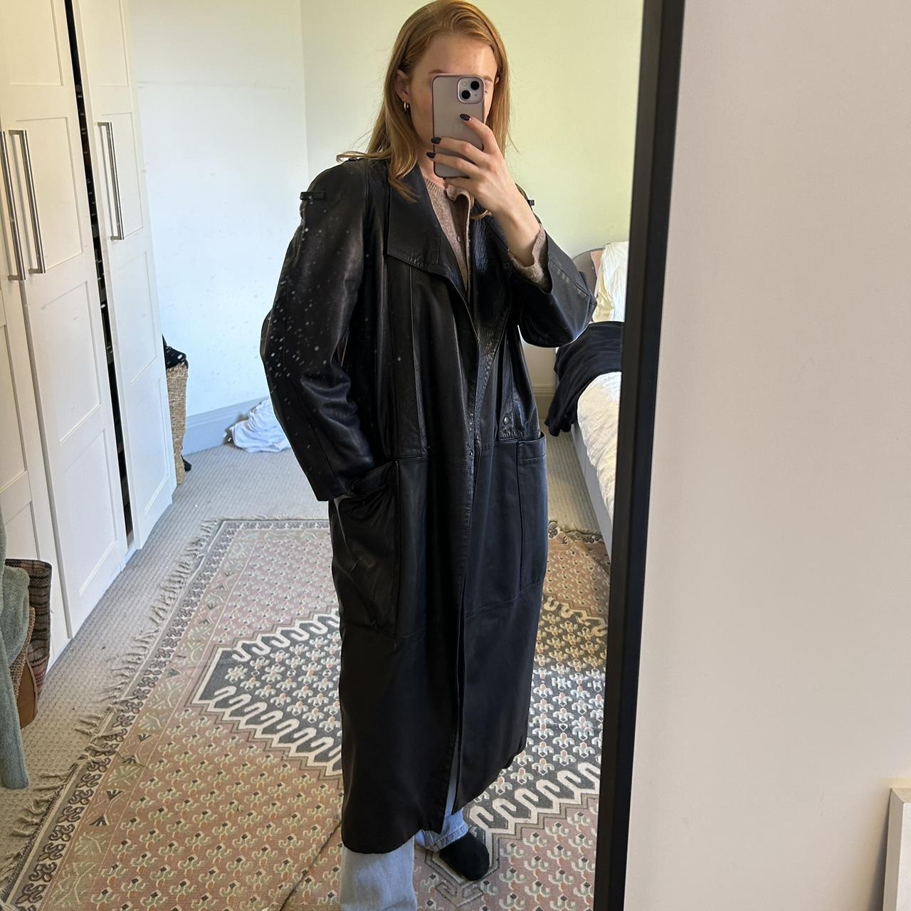 Vintage Long Leather black trench coat Popper... - Depop