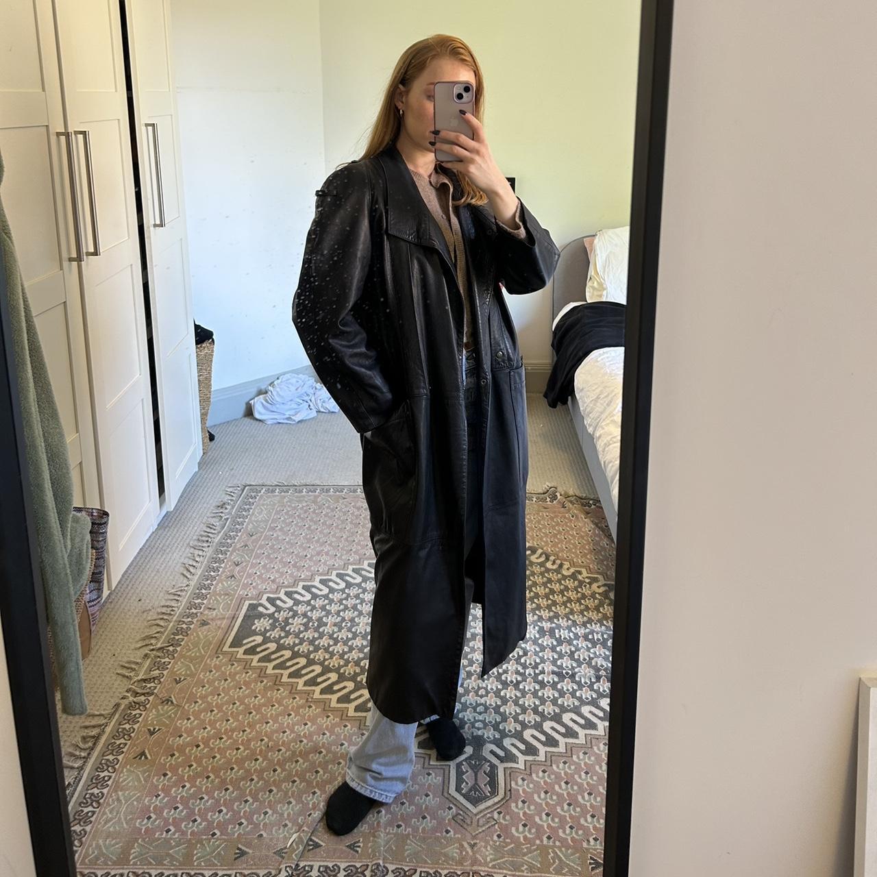 Vintage Long Leather black trench coat Popper... - Depop