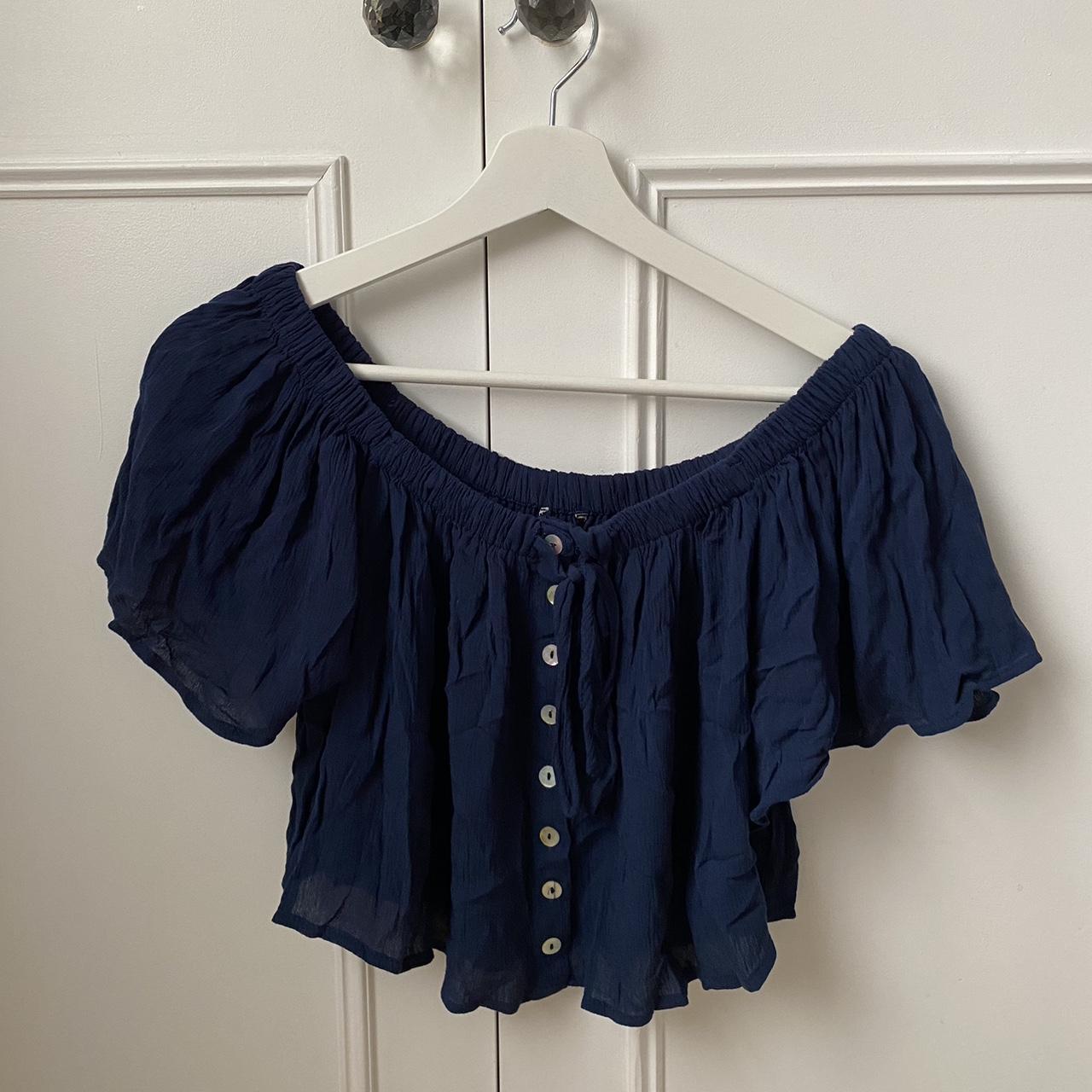 Navy Blue Summer Flowy Crop Top with Buttons Size... - Depop