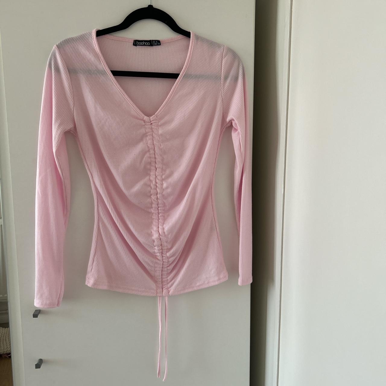 pink ruched long sleeve worn once size 8... - Depop
