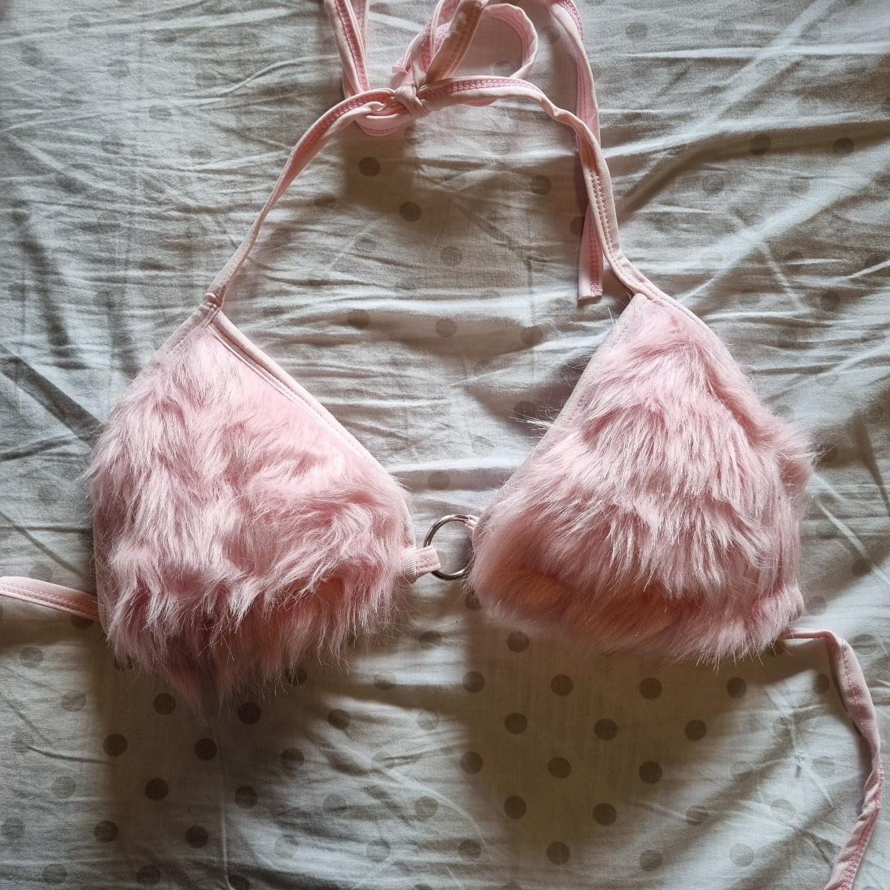 Pink Fluffy Fur Bikini Top With Ring In The Middle Depop