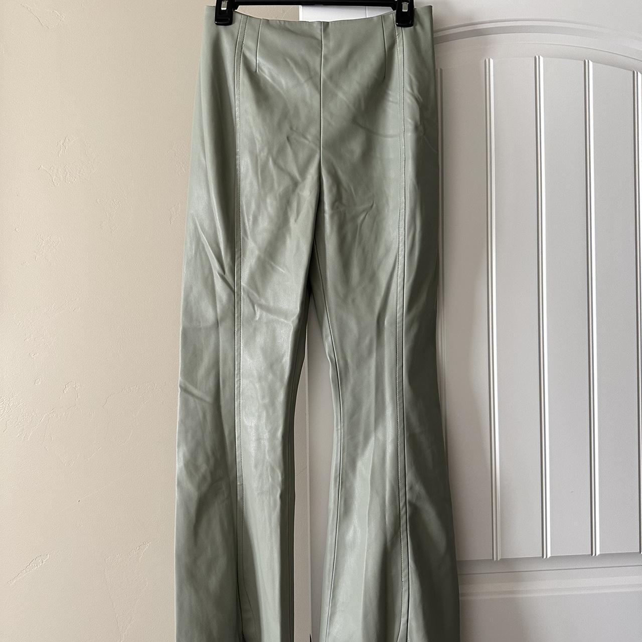 Free people green flare pleather pants with zip... - Depop