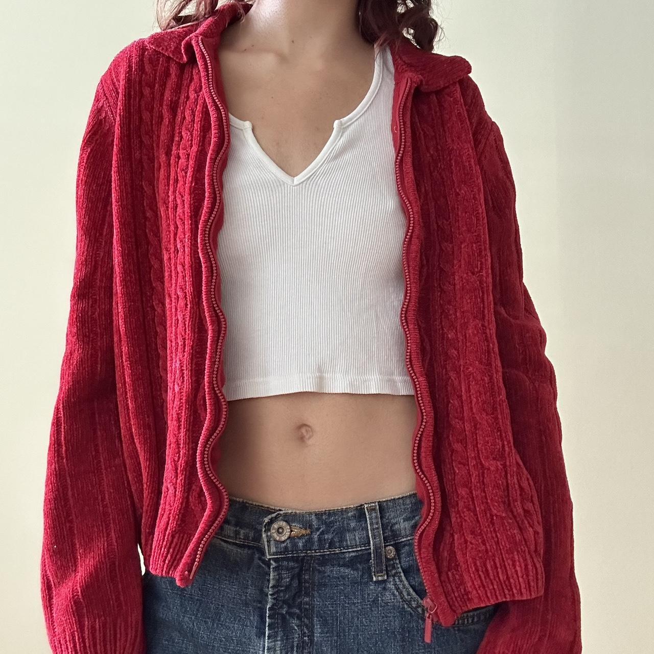 Red velvet cable knit zip up cardigan sweater -... - Depop