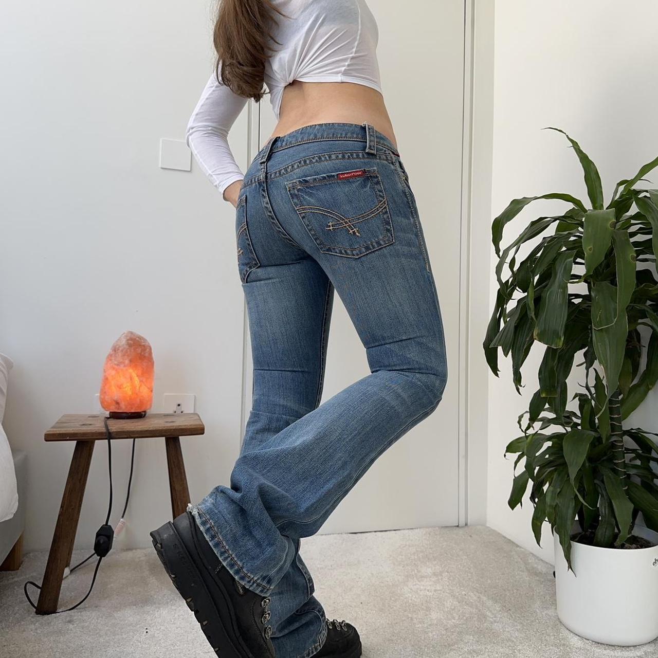 Early 00s Low Rise Flared Jeans In medium blue... - Depop