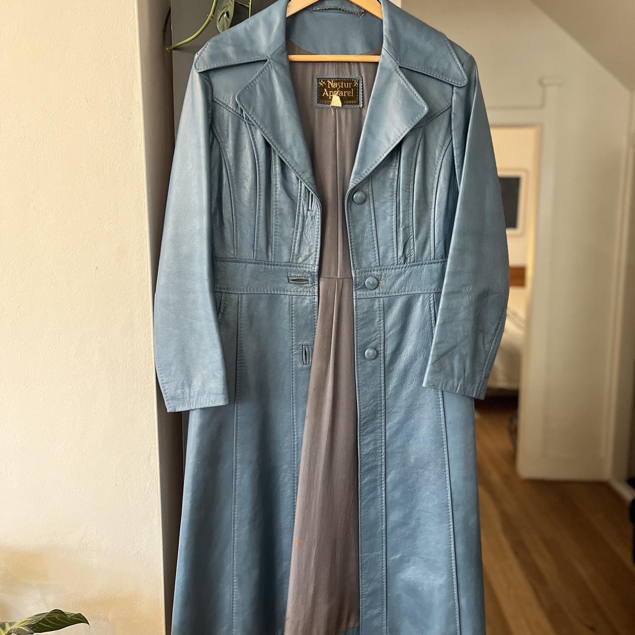 Beautiful unique silk-lined long blue leather jacket... - Depop