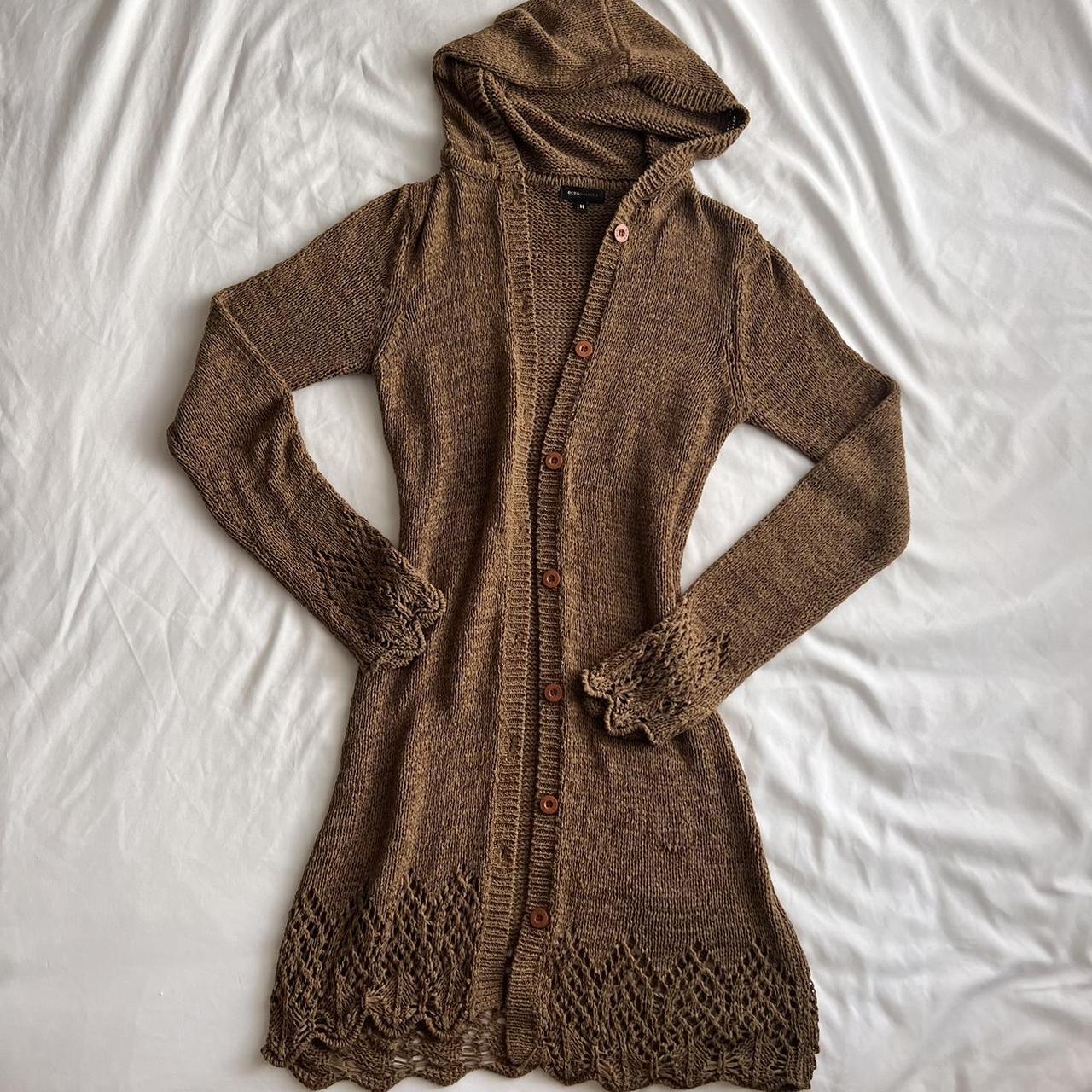 BCBGMaxAzria Knitted Crochet Long Hooded Sweater in... - Depop
