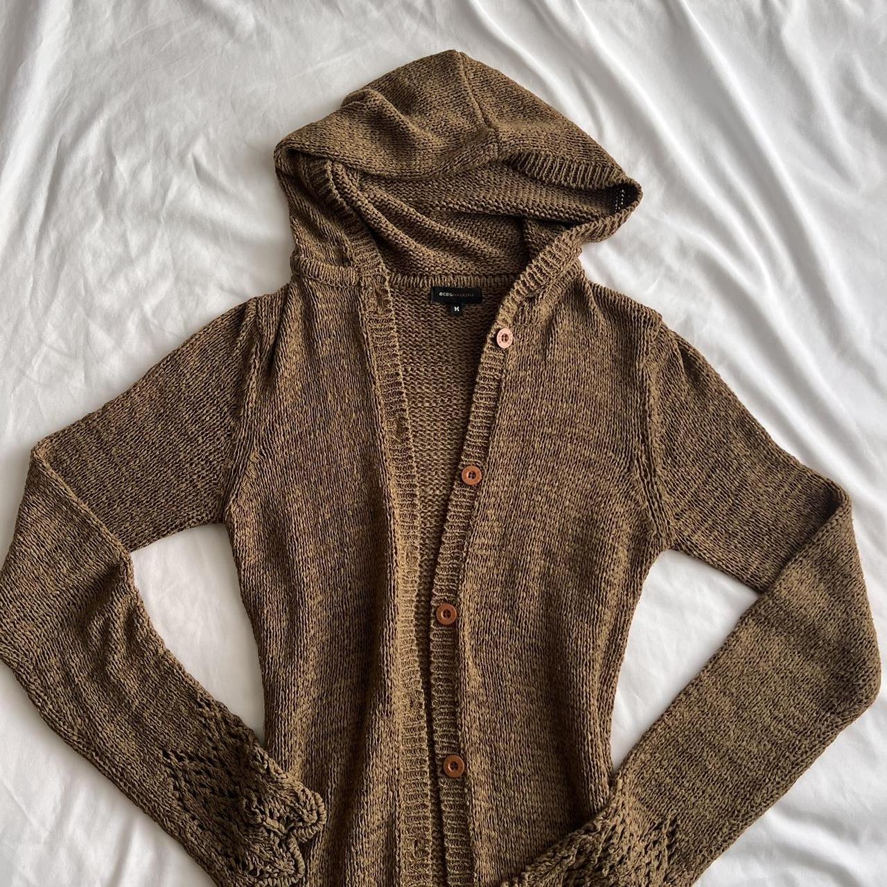 BCBGMaxAzria Knitted Crochet Long Hooded Sweater in... - Depop