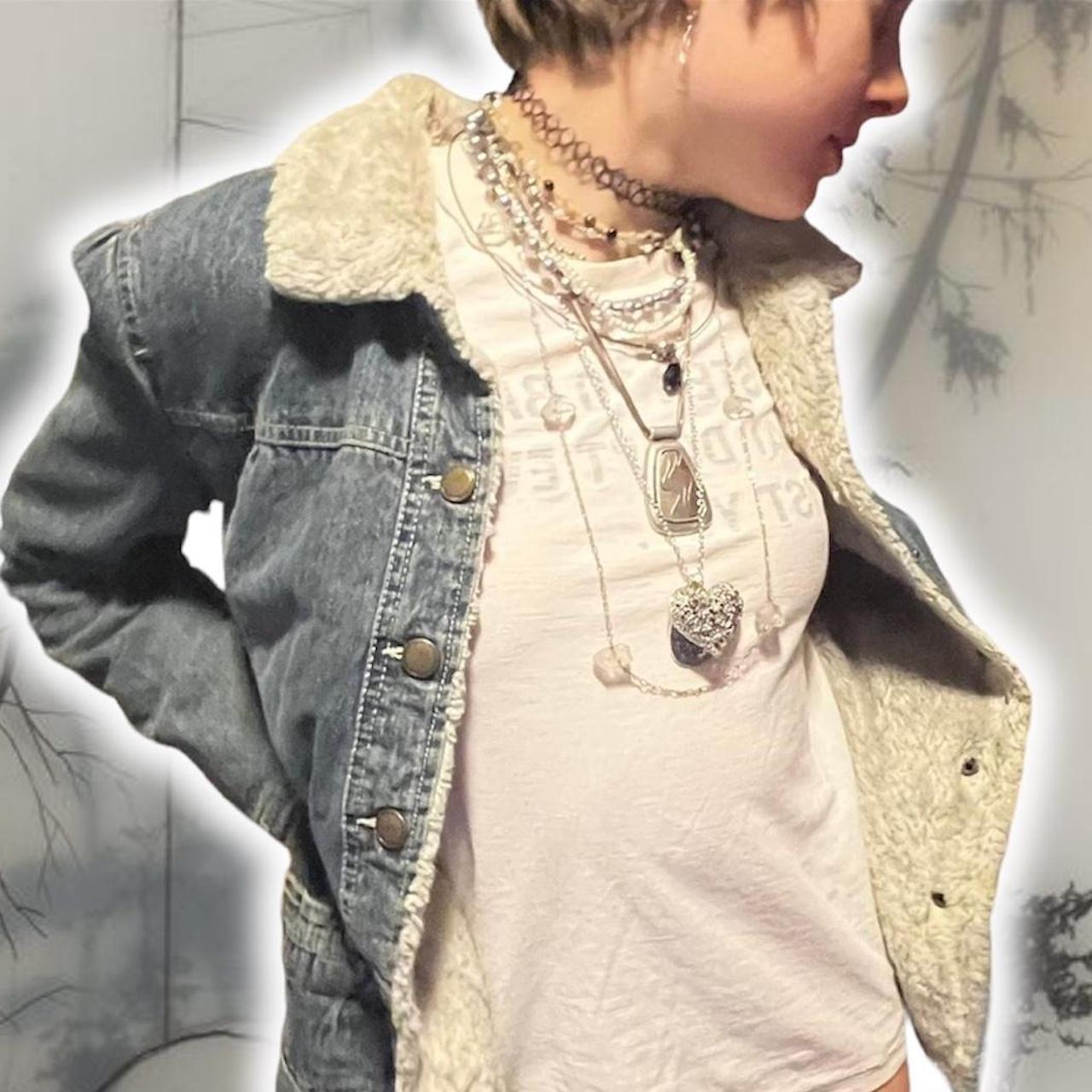 Cato girls white furry y2k gyaru denim jacket 🤍 -... - Depop