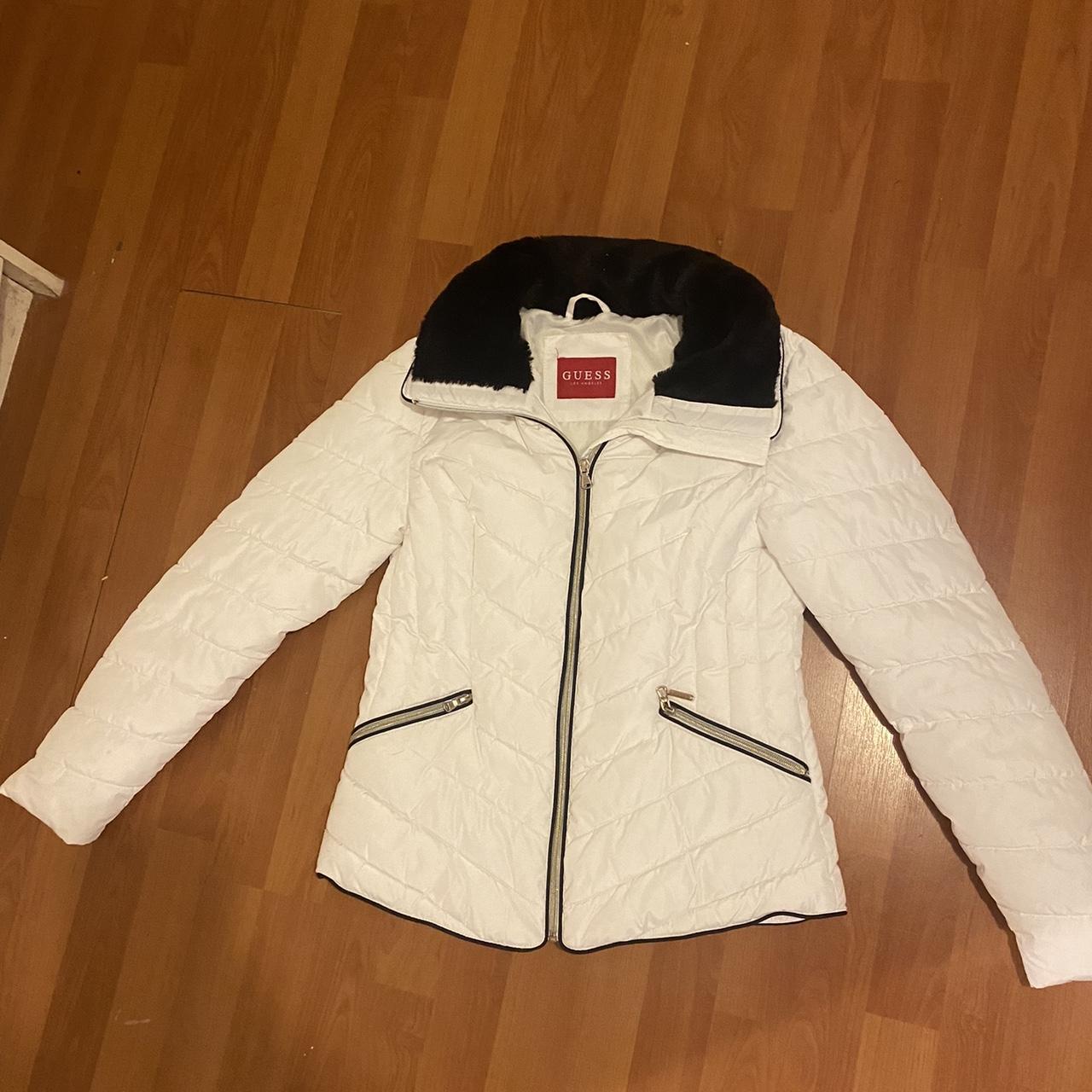GUESS Puffer Coat White with black fur collar... - Depop