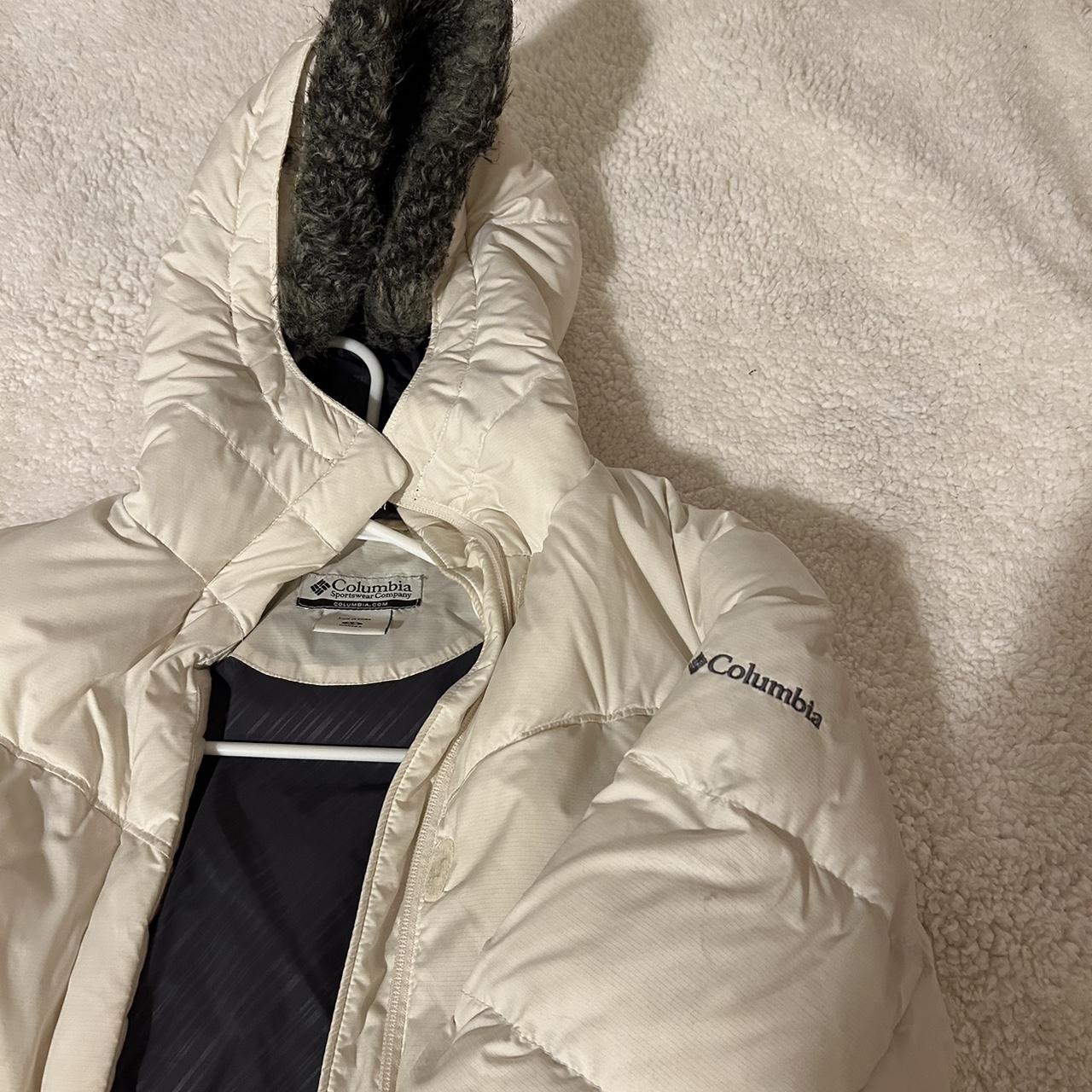 White columbia puffer coat with a grey fur lined... - Depop