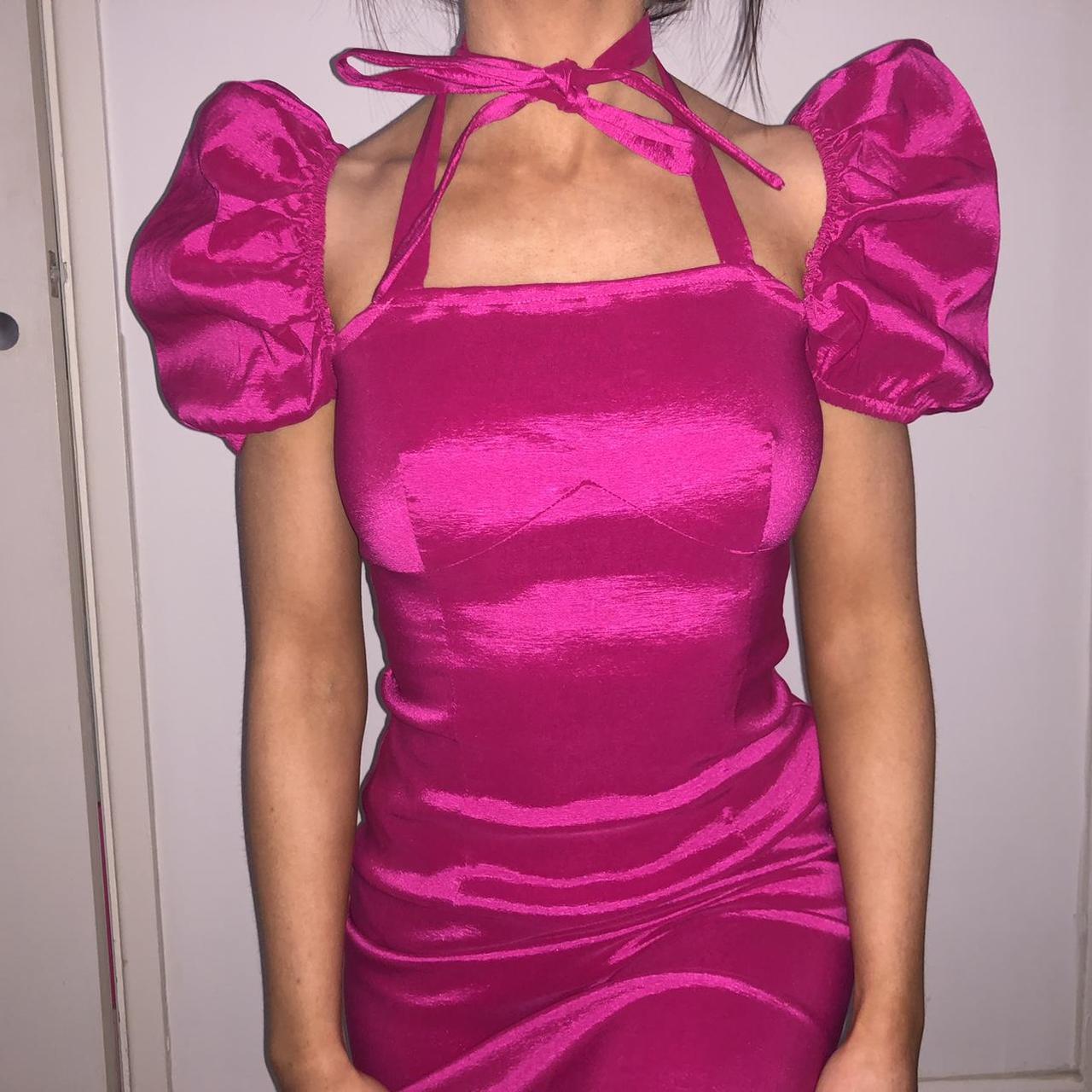 beautiful hot pink puffy dress shiny like material,... - Depop