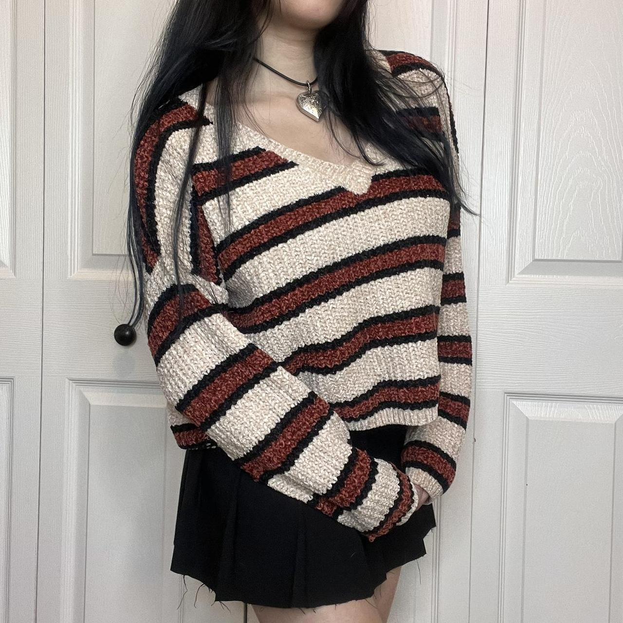 striped earth tone sweater brown, black, and tan... - Depop