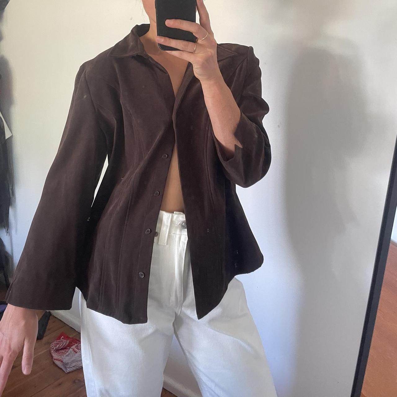 Brown suede/polyester blouse Fitted stitching and... - Depop