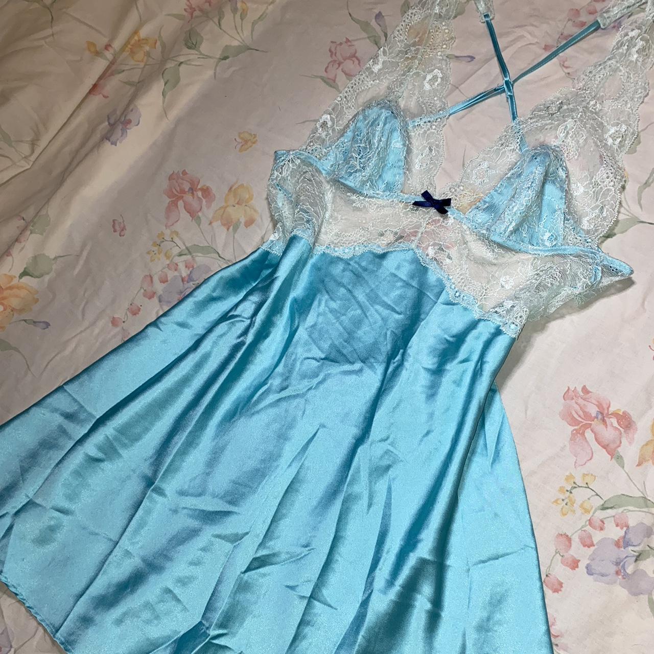 Victoria’s Secret Blue Satin Lace Slip Dress ♡... - Depop