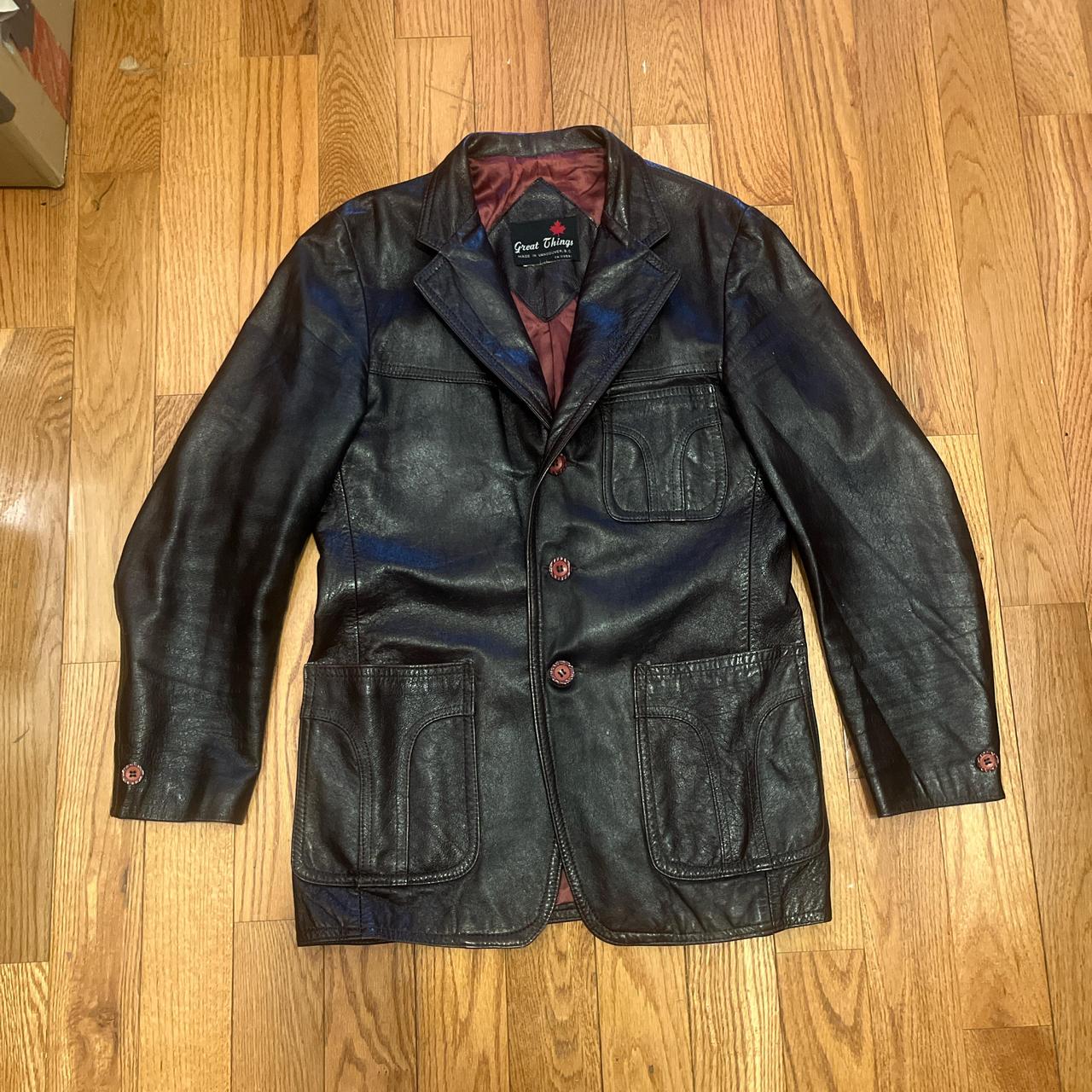 Dark reddish brown leather jacket hit’s mid thigh in... - Depop