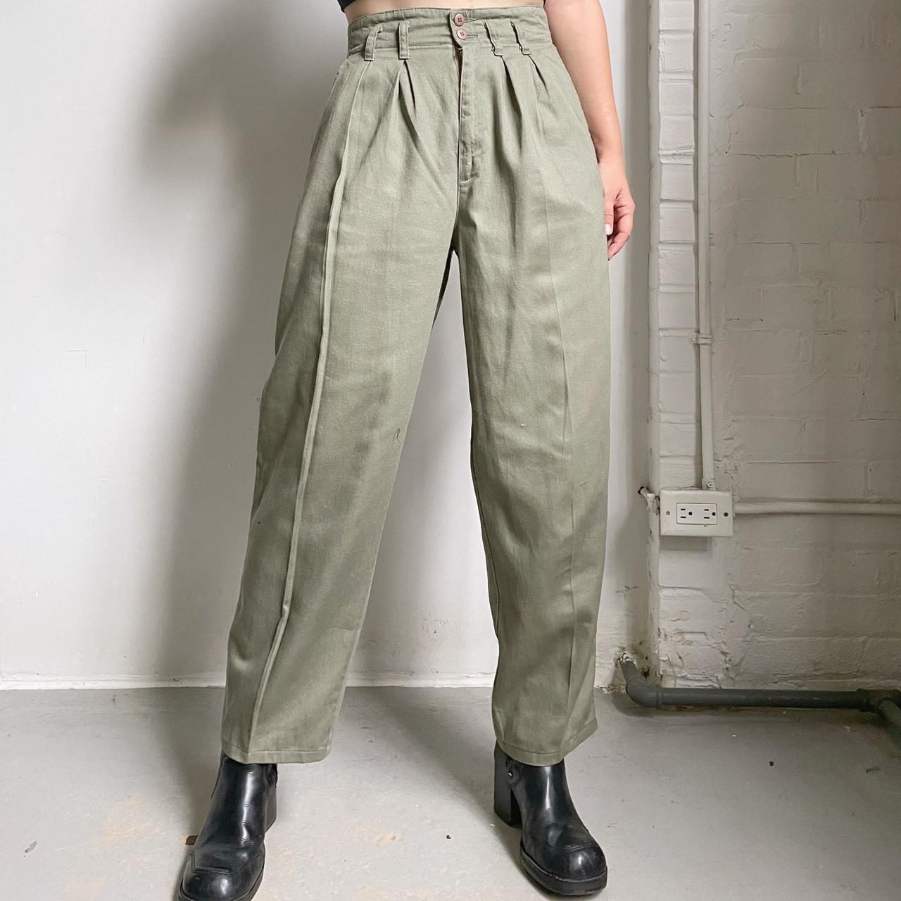 80s vintage highwaisted trousers - pleated pale army... - Depop