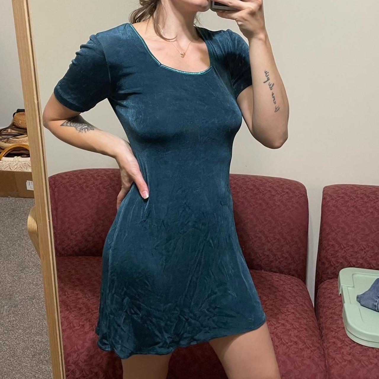 Vintage slinky blue/green dress Rabbit rabbit... | Depop