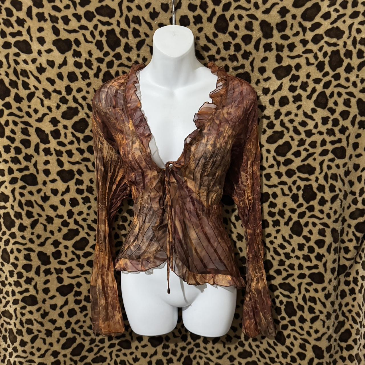 Brown sheer long sleeve top with ruffle details... - Depop