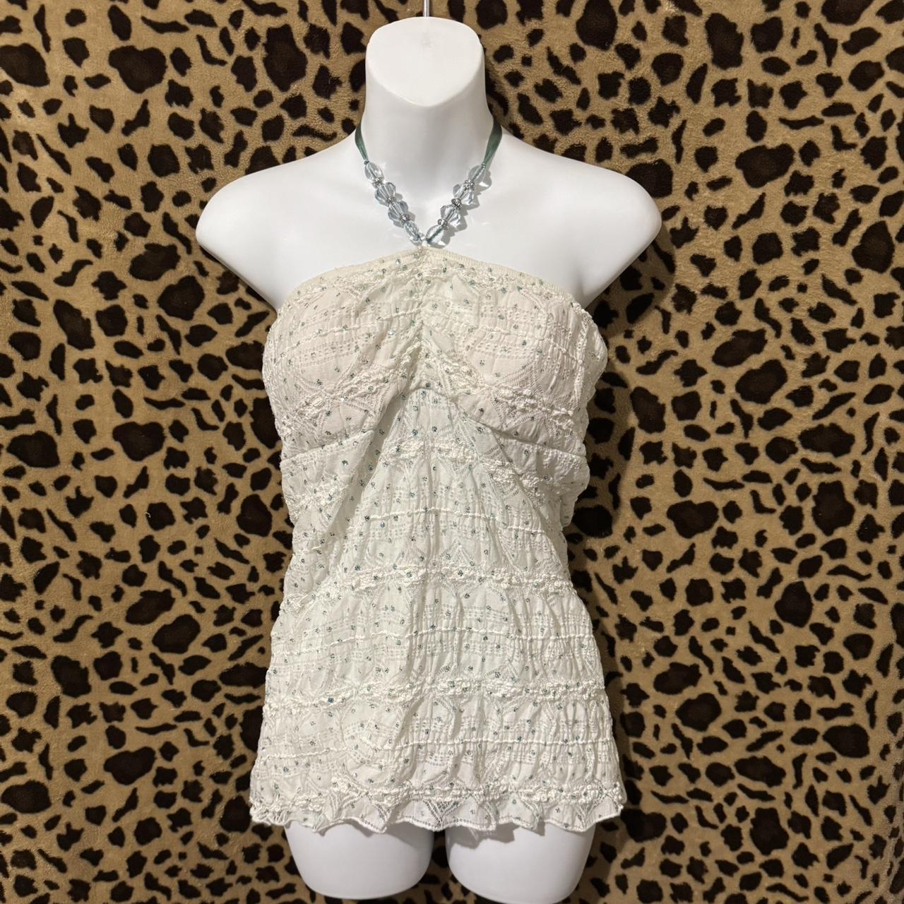 Vanity white and teal glitter gemstone tube top with... | Depop