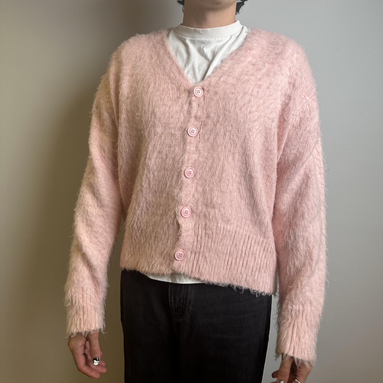 mnml fuzzy pink cardigan! Some discolouration and... | Depop