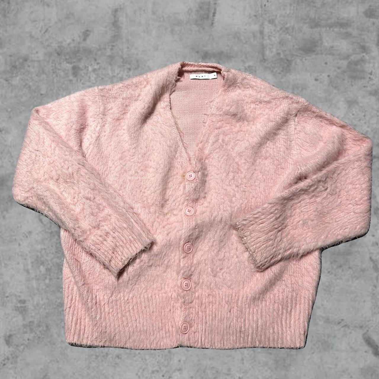 mnml fuzzy pink cardigan! Some discolouration and... | Depop