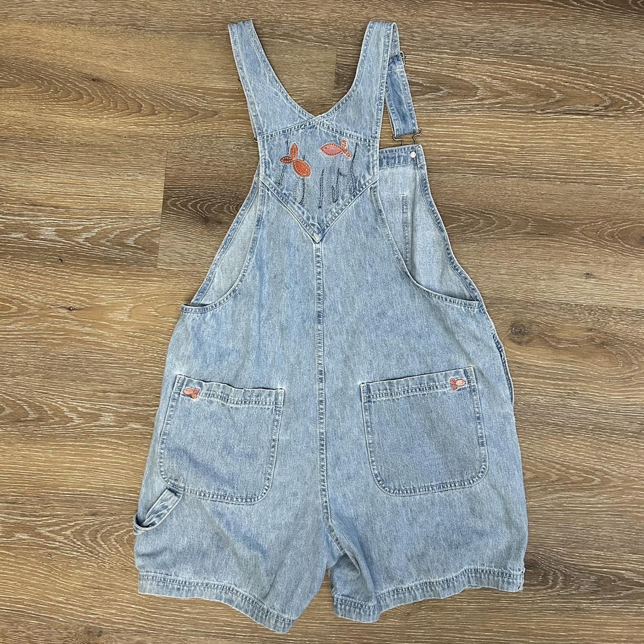 y2k embroidered fish denim overall shorts by... - Depop