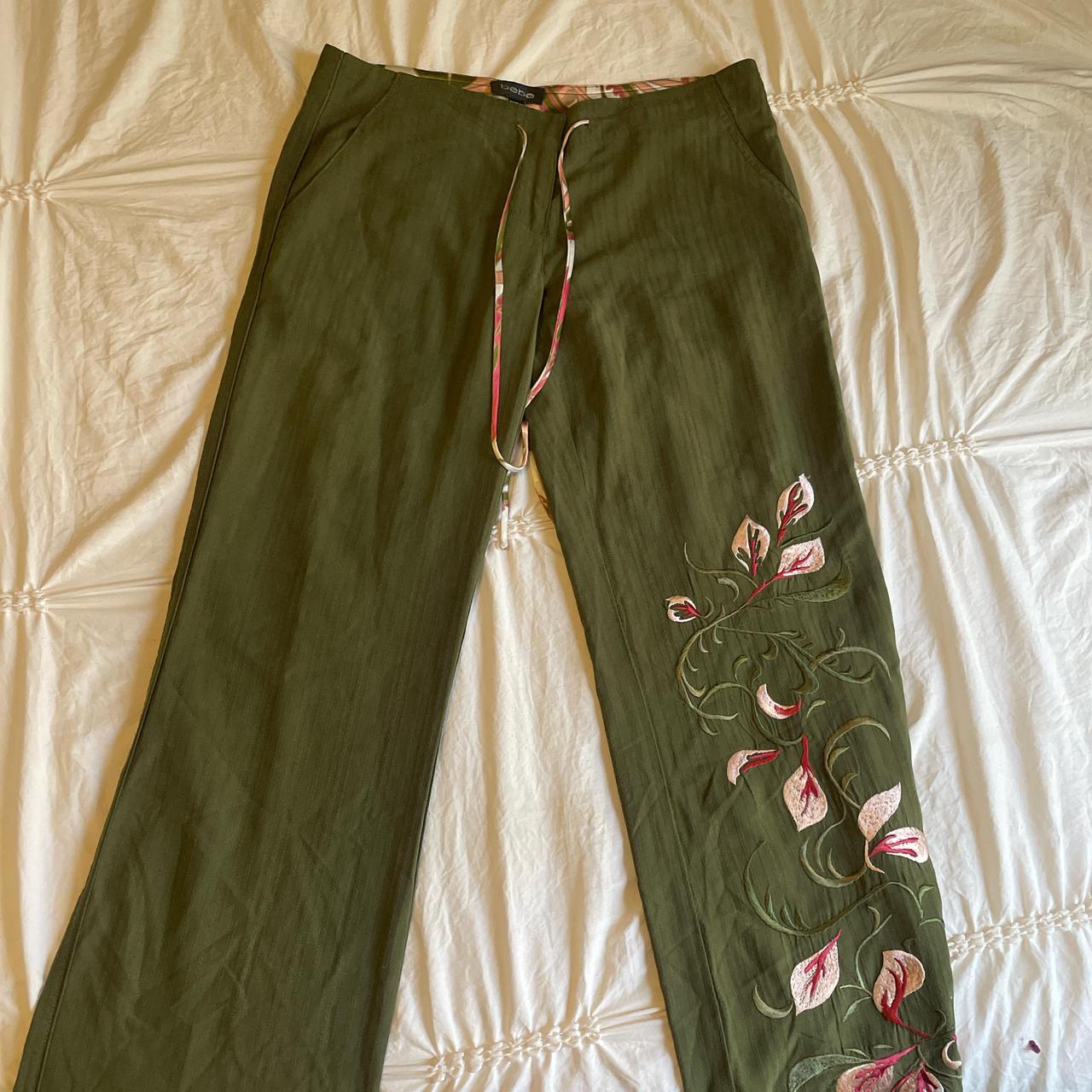 Super cute low rise Bebe Green floral embroidered... | Depop