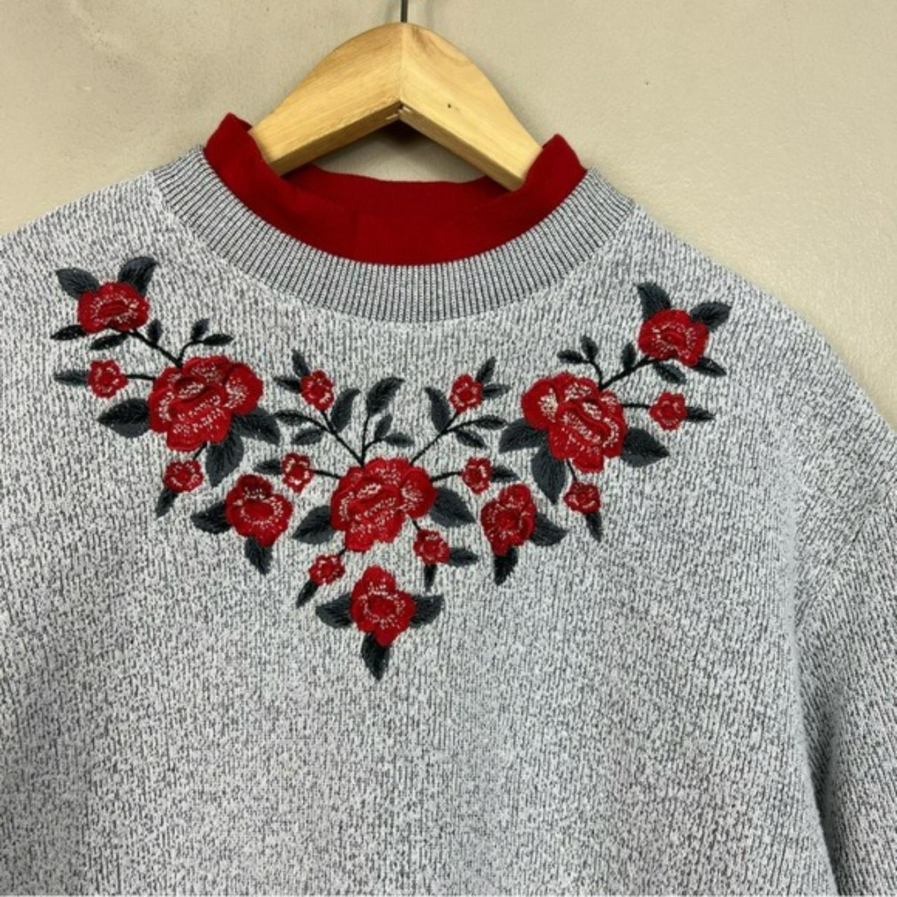 Vintage Floral Grandma Gray and Red Roses Sweatshirt... - Depop