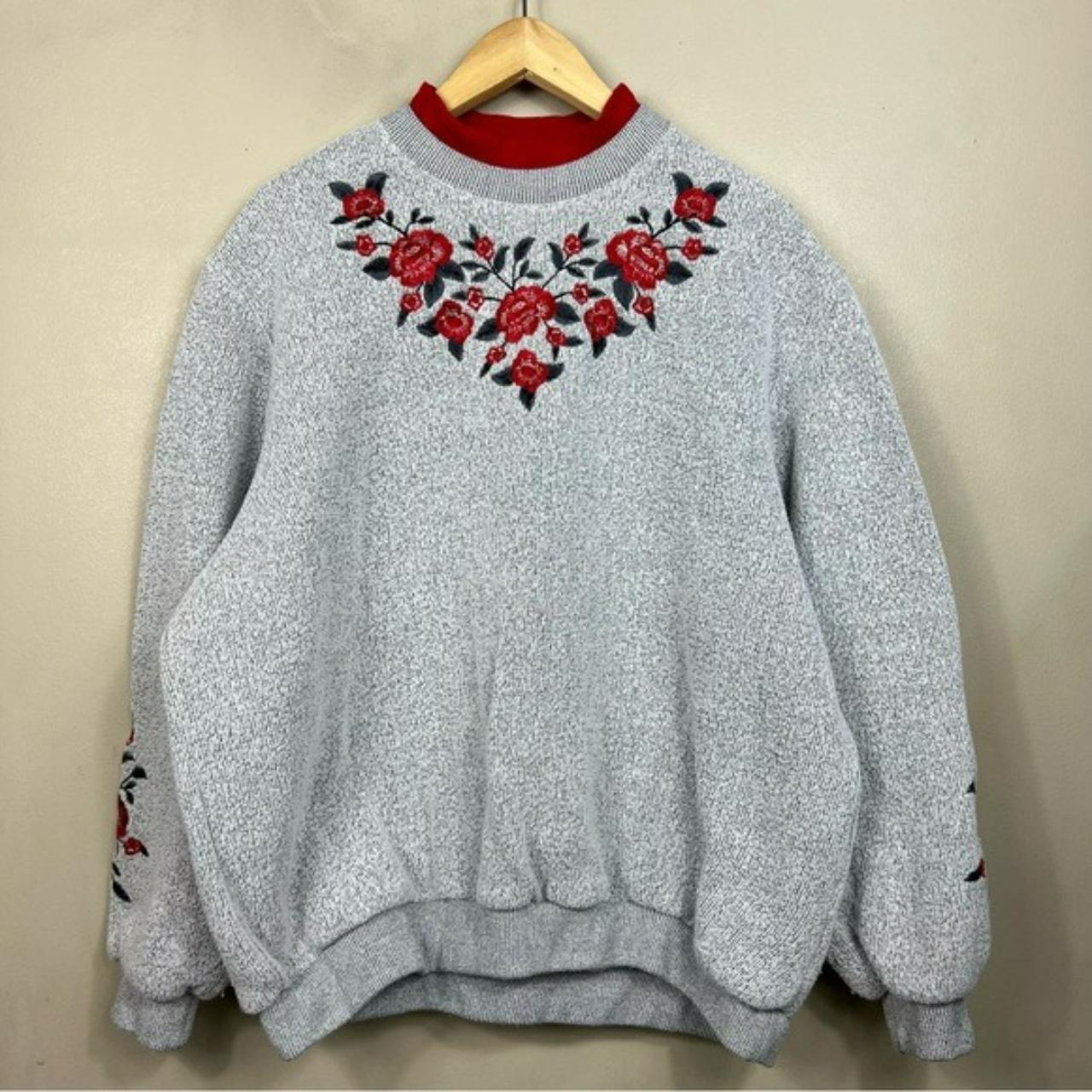 Vintage Floral Grandma Gray and Red Roses Sweatshirt... - Depop