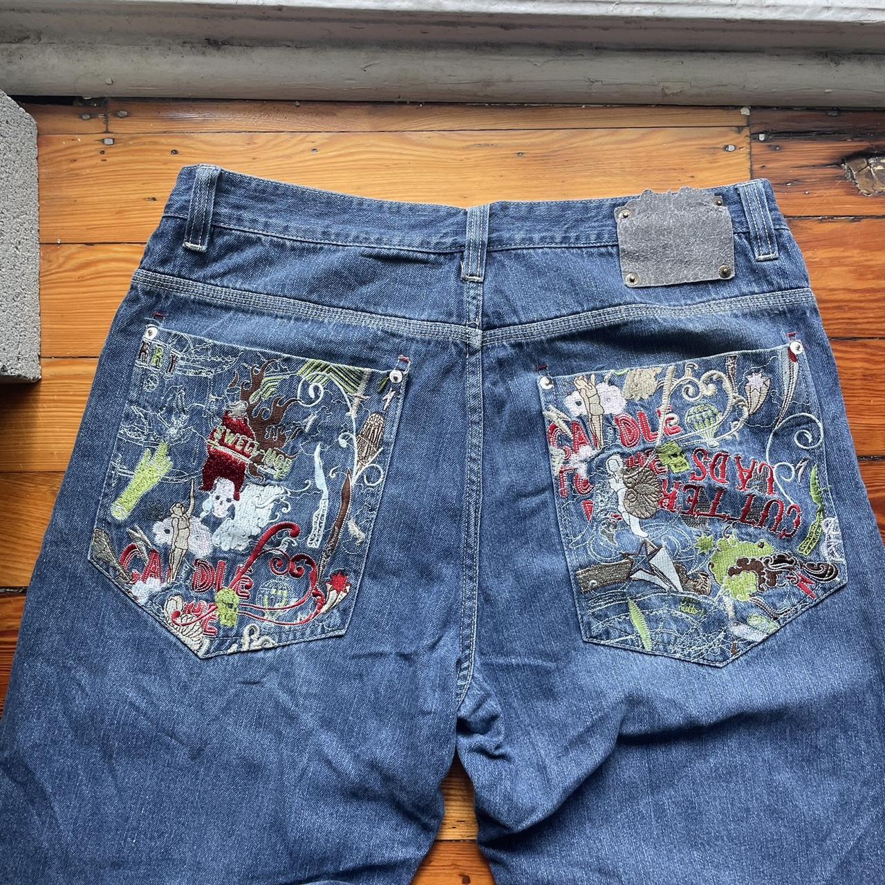 y2k artful dodger embroidered jeans super fire pit... - Depop