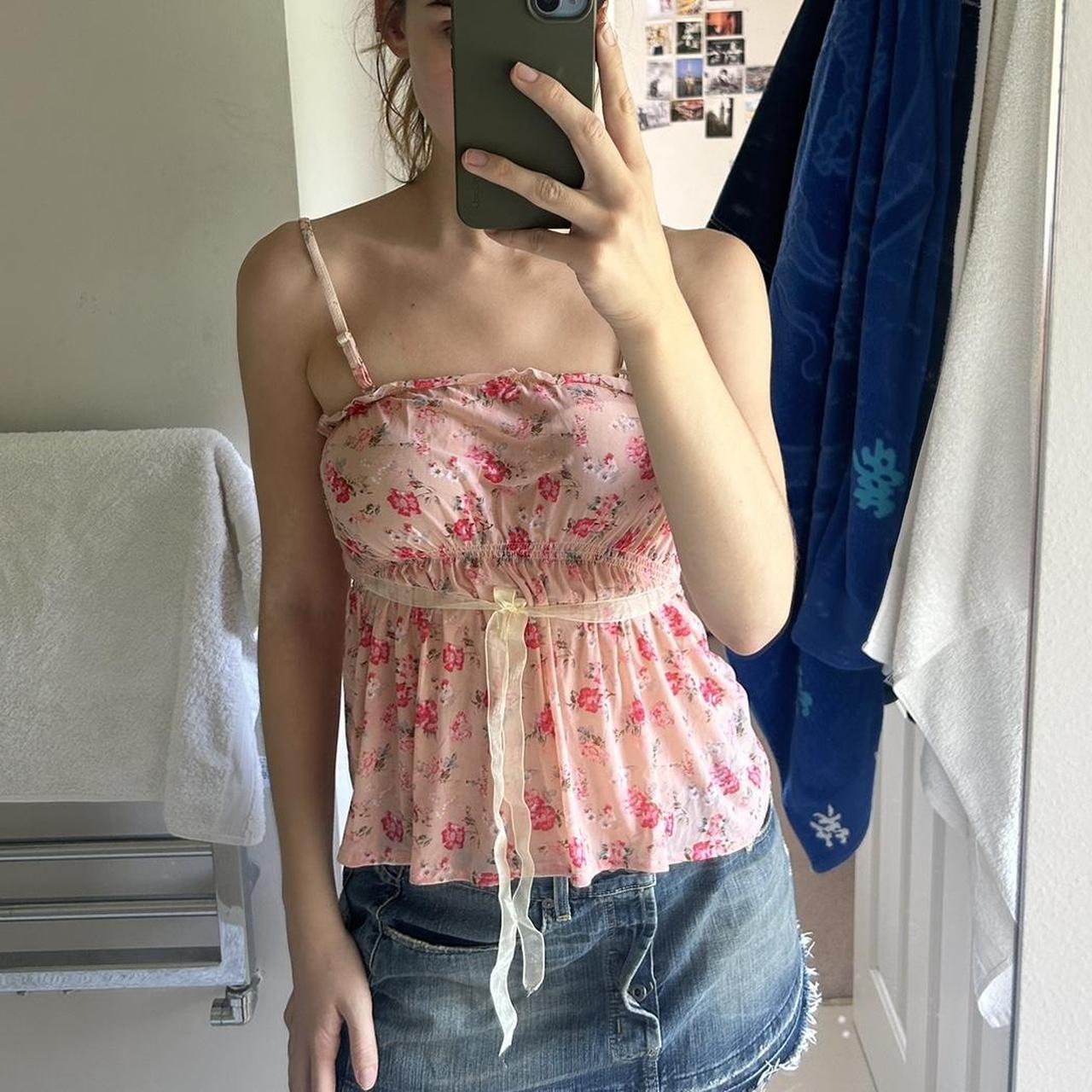 Mesh floral baby pink cami top 🤎🦋 Size small, shown... - Depop