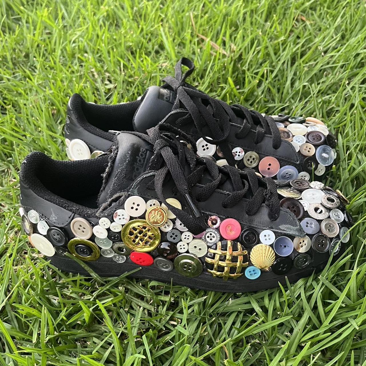 vintage buttons on all black adidas superstars ⭐️... | Depop