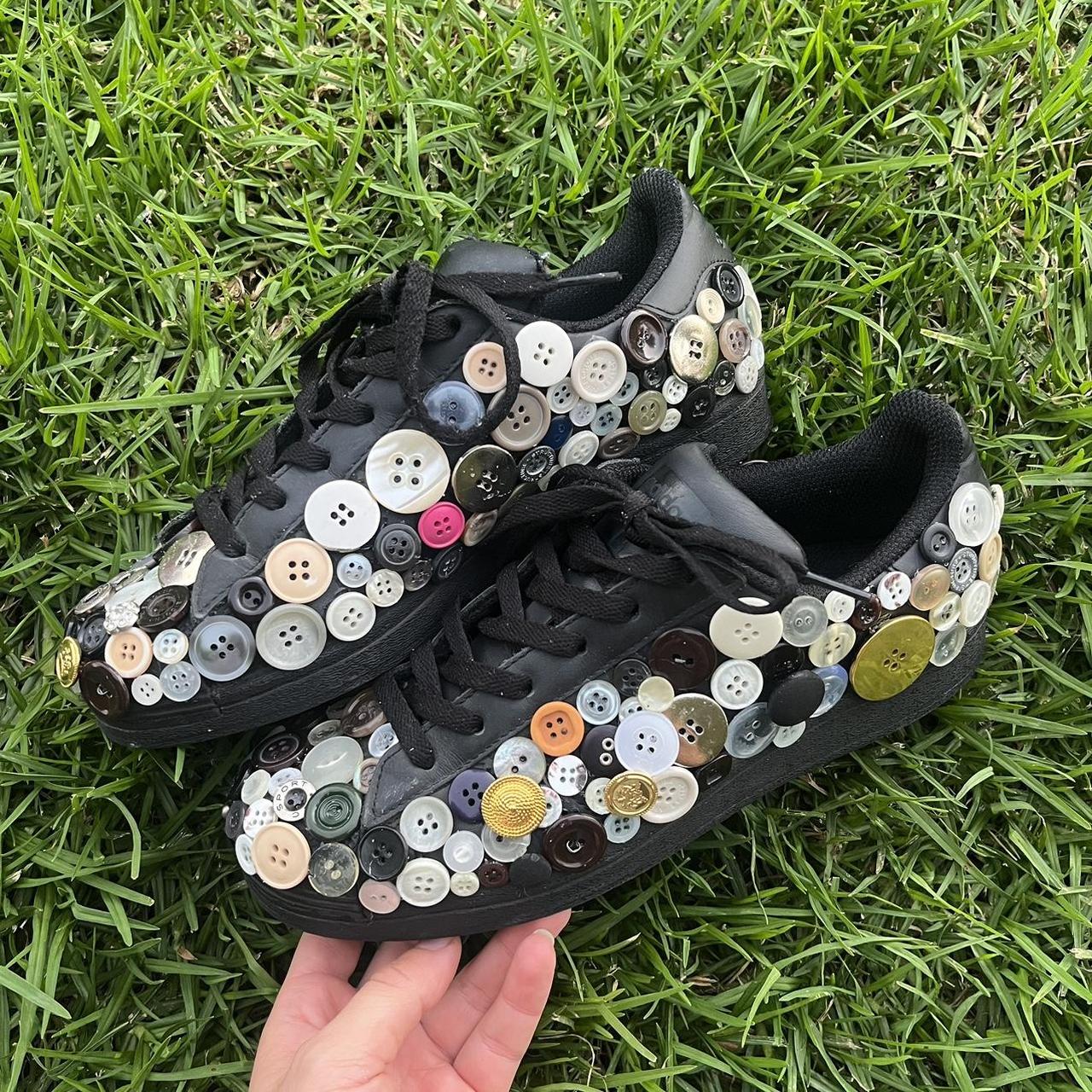 vintage buttons on all black adidas superstars ⭐️... | Depop