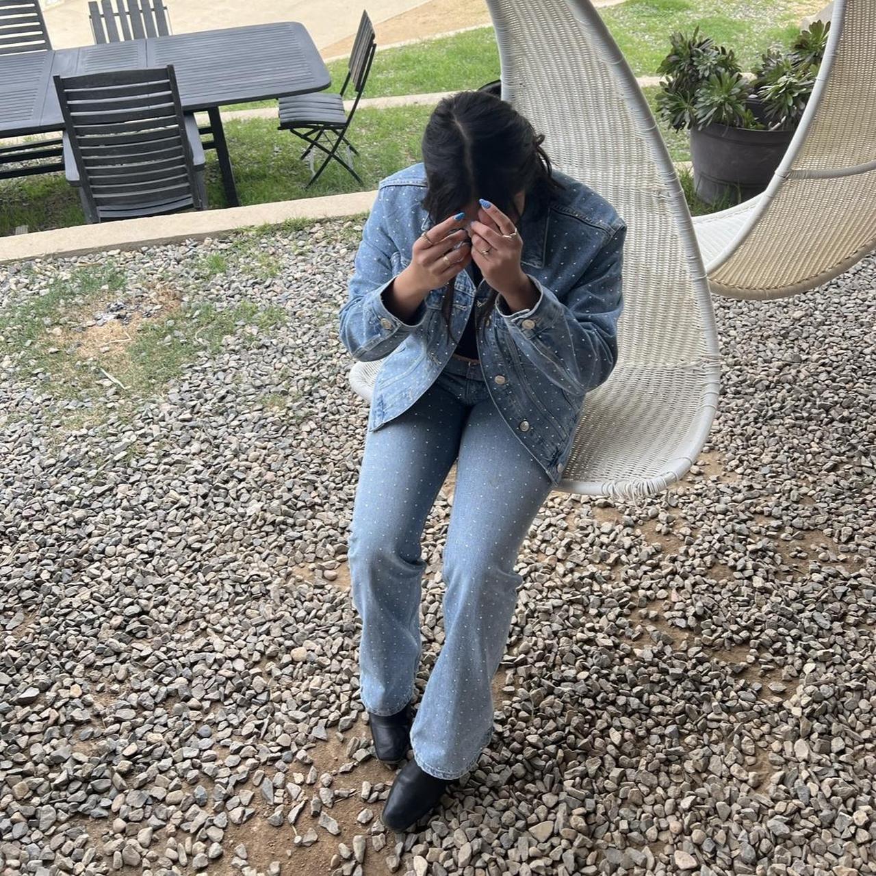 zara rhinestone denim set 💍💎 jacket: size m / pants... - Depop