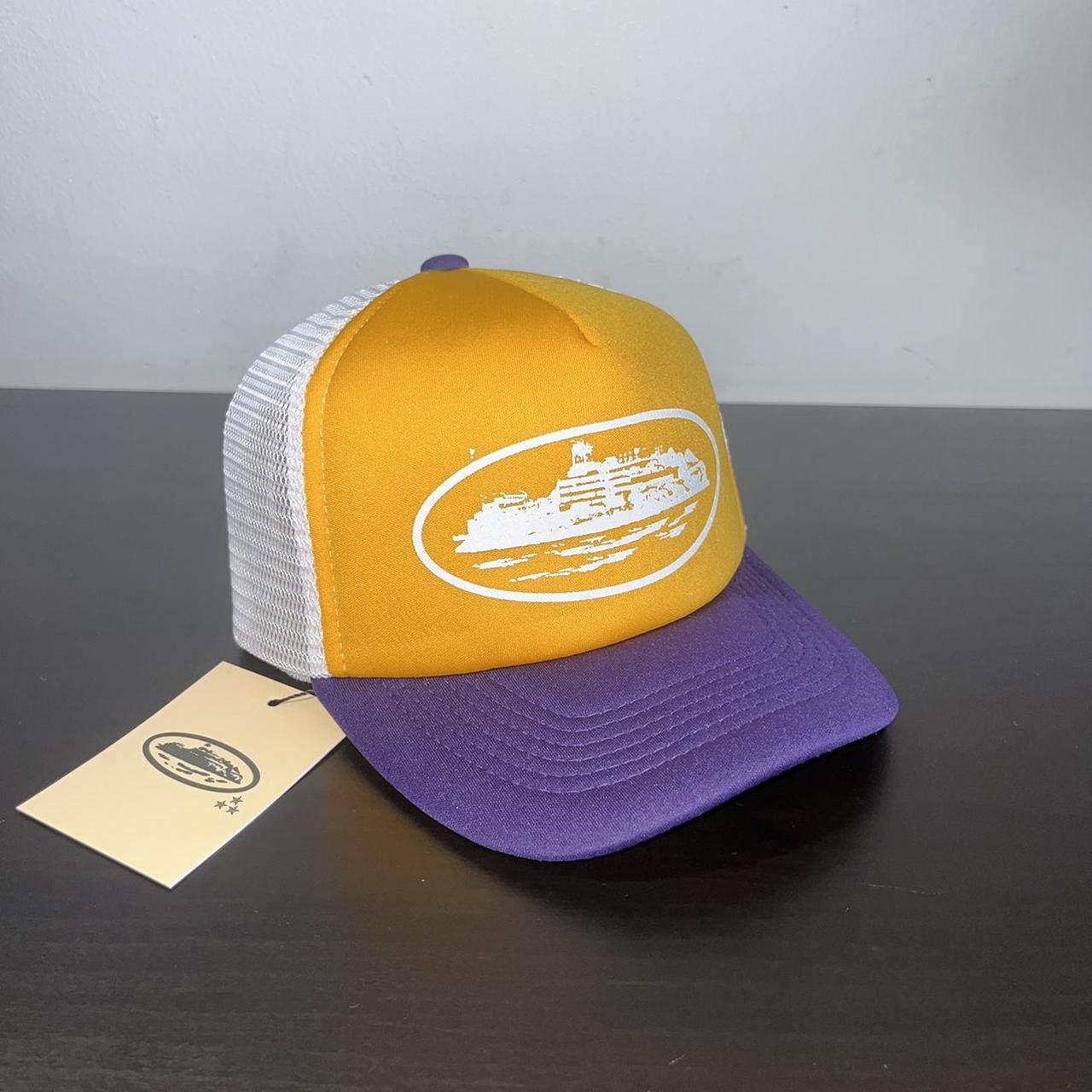 Corteiz Alcatraz Trucker Hat Yellow/Purple Rare... - Depop