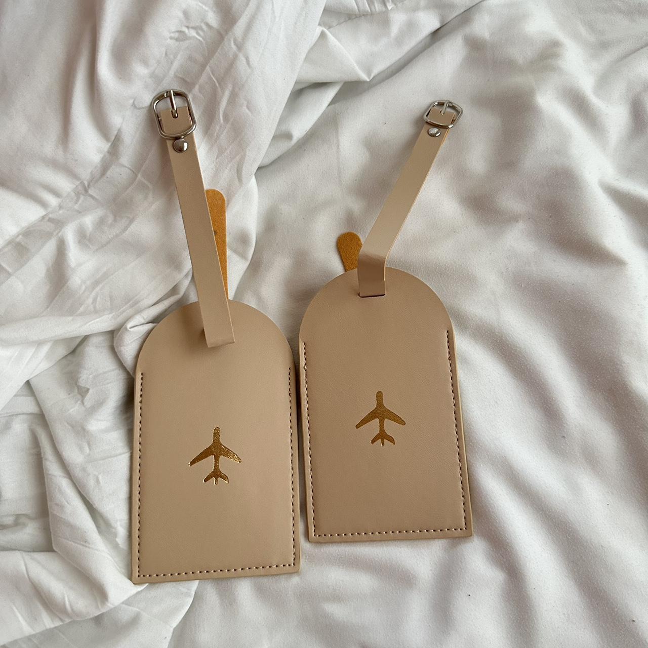 2 luggage tags Brown beige leather Gold detail... - Depop