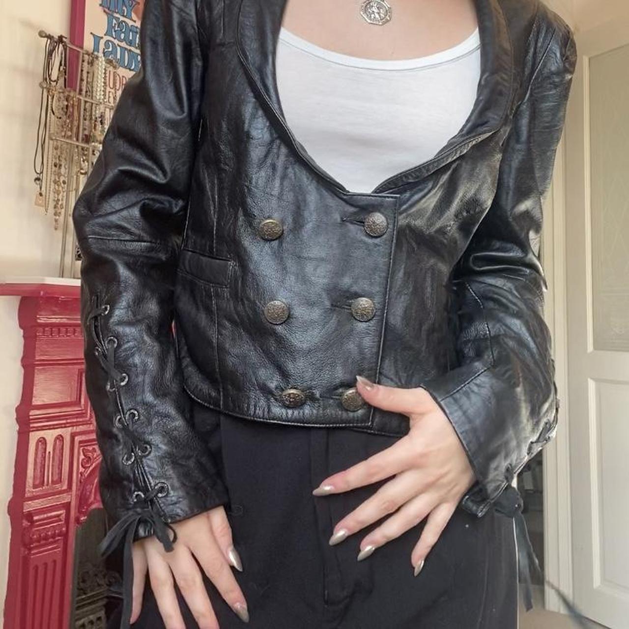 Vintage leather jacket with lace arm detailings and... - Depop