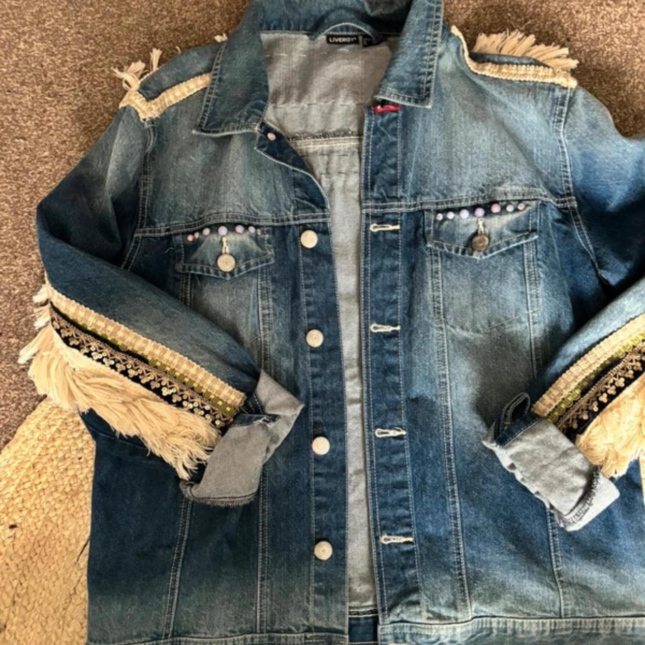 Embroidered oversized denim jacket Size large - Depop