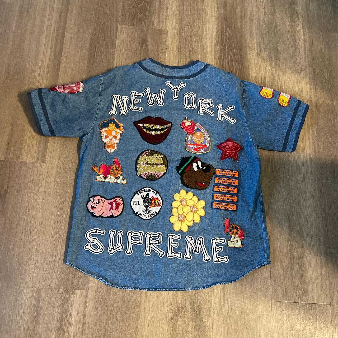 Supreme Patches Denim Baseball Jersey Great condition - Depop